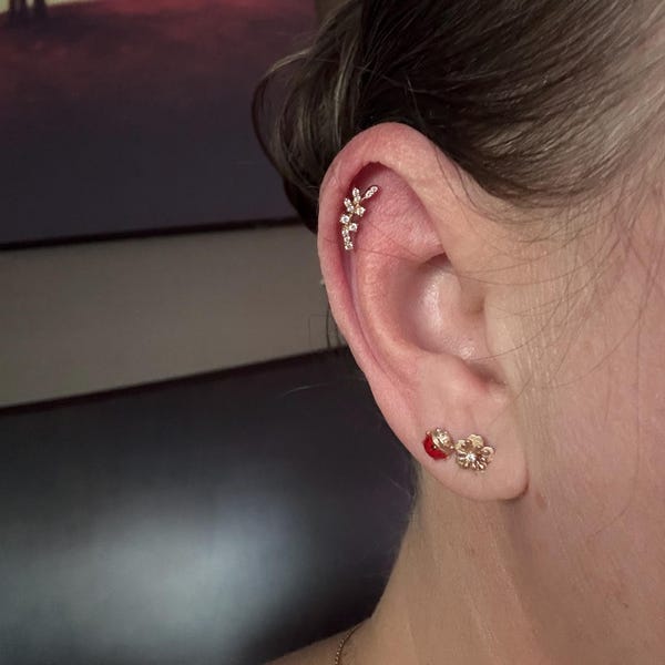 14K Solid Gold Fishbone Tragus Piercing /handmade Flat Back Helix ...