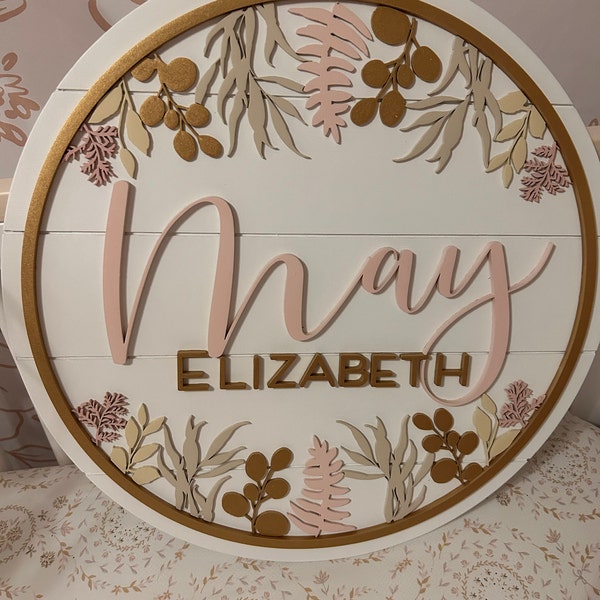 Botanical Custom Wood Name Sign With Greenery| Round Sign | Nursery ...
