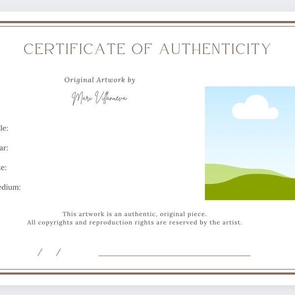 Certificate of Authenticity Editable Canva Template for Original Art ...