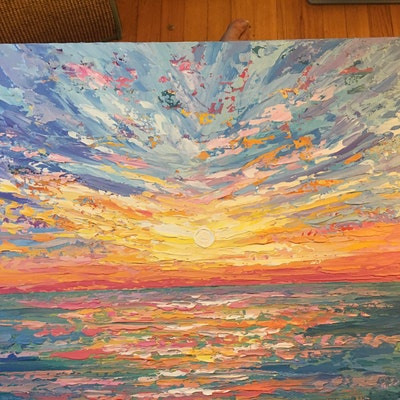 Sunset Art Print of Impressionist Ocean Painting, Colorful Seascape ...