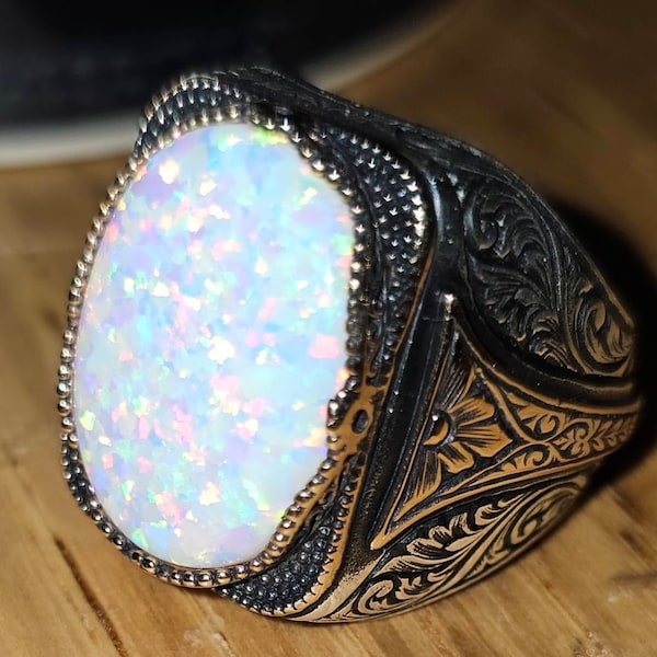 Mens Silver Opal Ring, White Opal Ring, Sterling Silver Handmade Opal ...