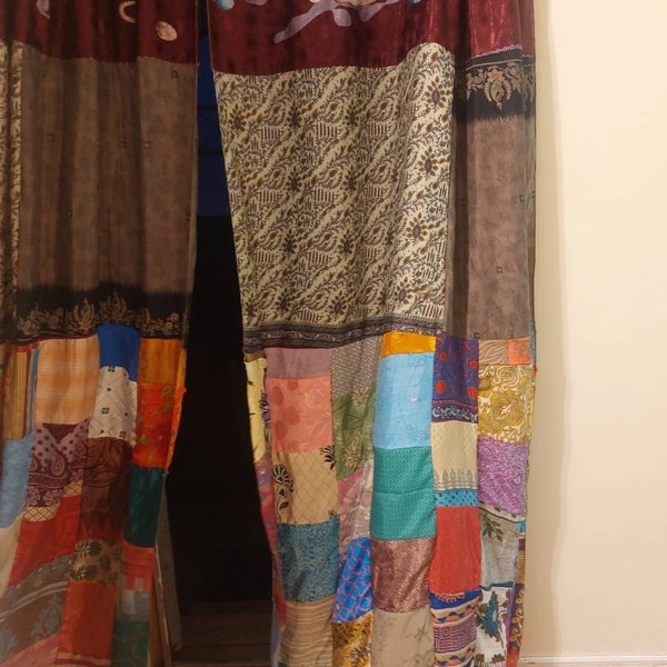 Indian Vintage Old Silk Sari Fabric Made Multi Color Handmade Curtain ...