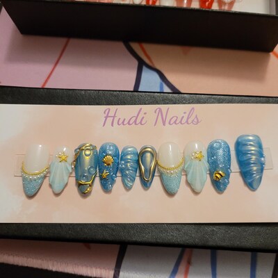 Stunning Acubi-style Nails Deep Blue Ombre Press on Nails Sparkling ...