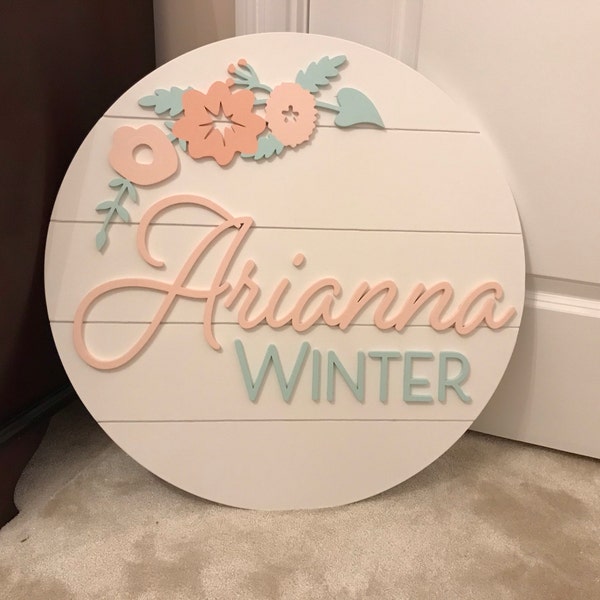 Custom Wooden Floral Name Sign Personalized Round Sign With Flowers ...