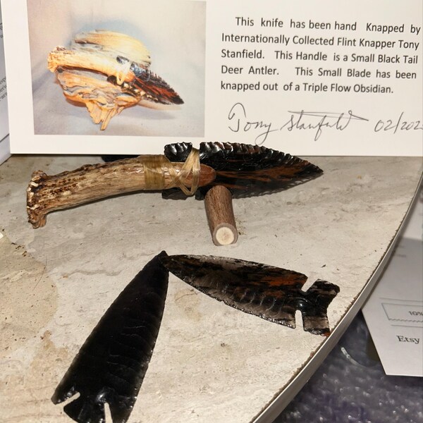 Large Knapped Glass Bowie Knife With Deer Antler Handle Flint Knapping ...