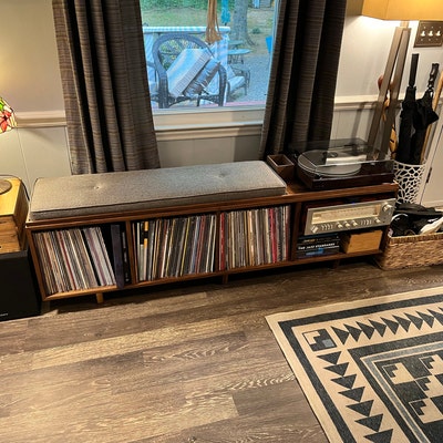 HIFI Vinyl Storage Bench With Component Shelf with Mid Century Modern ...