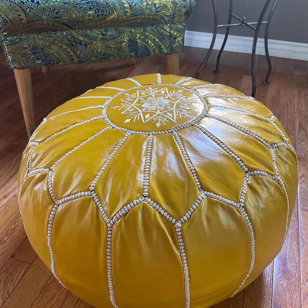 Moroccan POUF **70% OFF** With White Stitching Leather Pouf Ottoman ...