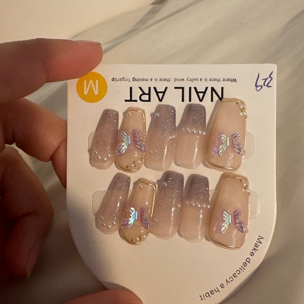 3D Butterfly Nails/glittering Gorgeous Purple French Tips Nails/wedding ...