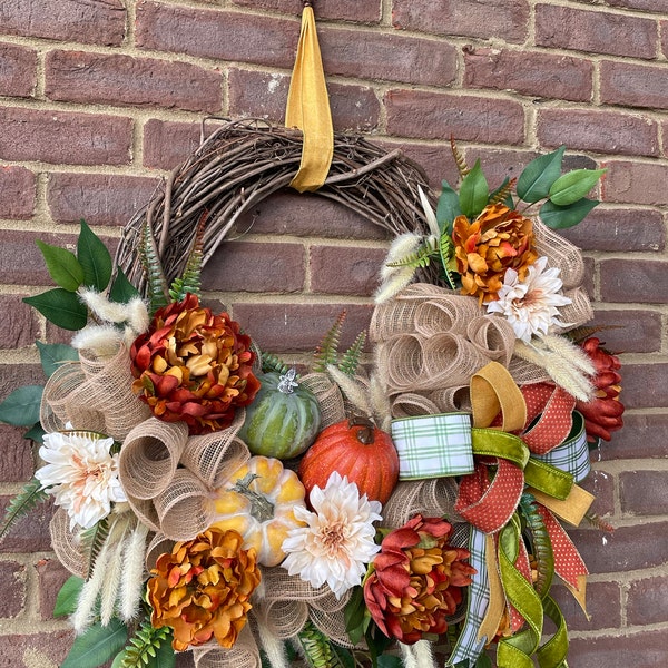 Traditional Fall Wreath With Cream Pumpkins, Autumn Harvest Door Decor, Fall Pumpkin Wreath ...
