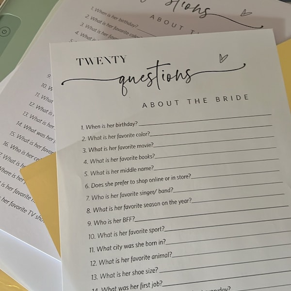20 Questions About the Bride, Minimalist Bridal Trivia Game Card ...