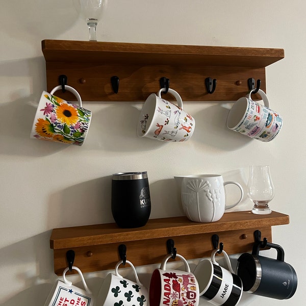 6 Cup Mug Rack With Shelf, Mug Rack Wall Mounted, Coffee Bar Decor ...