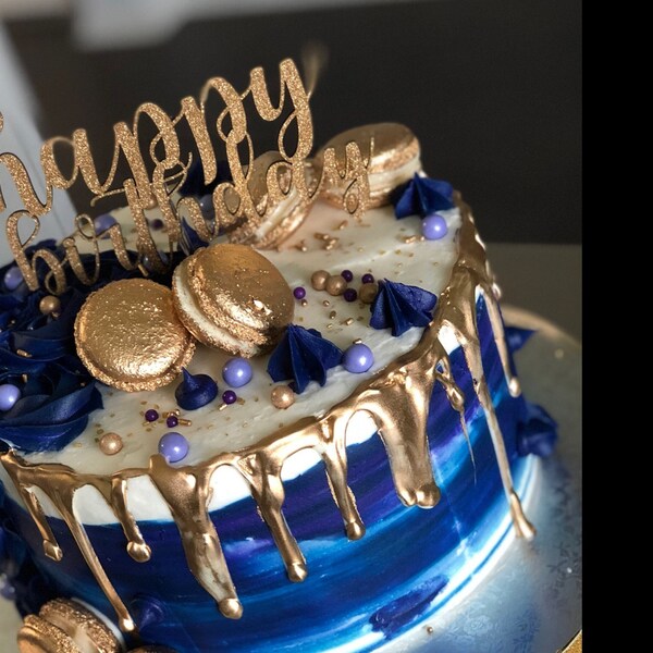 Happy Birthday Cake Topper, Cursive Lettering, Gold Glitter Party ...