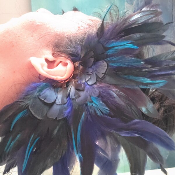 Blue Feather Ear Cuff, Pierceless Earring, Festival Wedding Hair ...