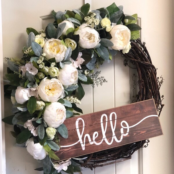 Hello Wreath, Wreaths for Front Door, Peony, Peonies, Lambs Ear, Summer ...