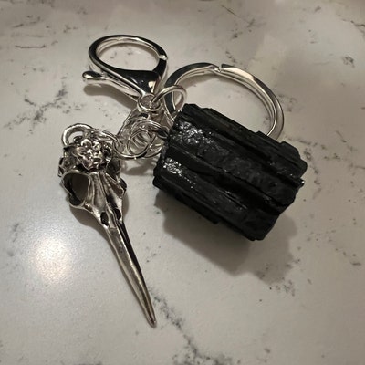 Black Tourmaline Raw Crystal Keychain, Raven Keychain, Bird Skull, Crow ...