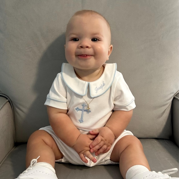 Kiran White W White Trim Baptism Outfit-pima Cotton Short-sleeve, Long ...