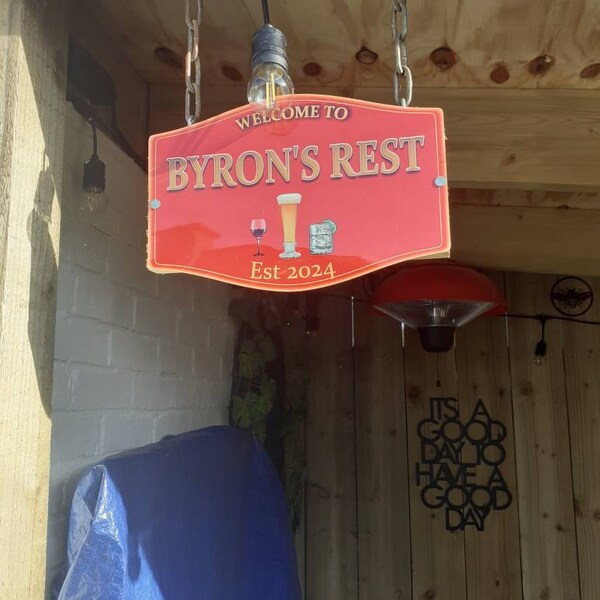 Personalised Barrel Shaped Pub Shed Hanging Swing Sign With Bracket ...