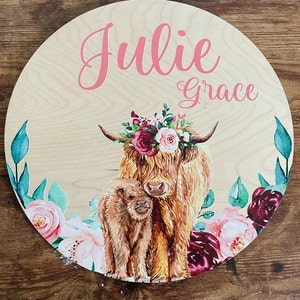 Boho Highland Cow Baby Sign, Round Wood Name Sign, Baby Name Sign ...