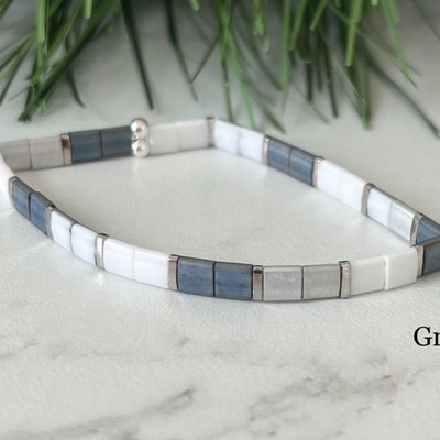 Gray, White & Silver Stackable Beaded Bracelets Glass Tile Bracelets ...