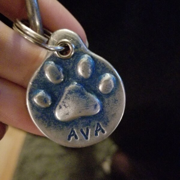 Hand Stamped Pewter Dog ID Tag: Custom Paw Print Pet Tag - Etsy