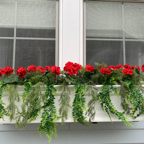 Red Geraniums Green Plants Window Box Floral Silk Flower Designs ...