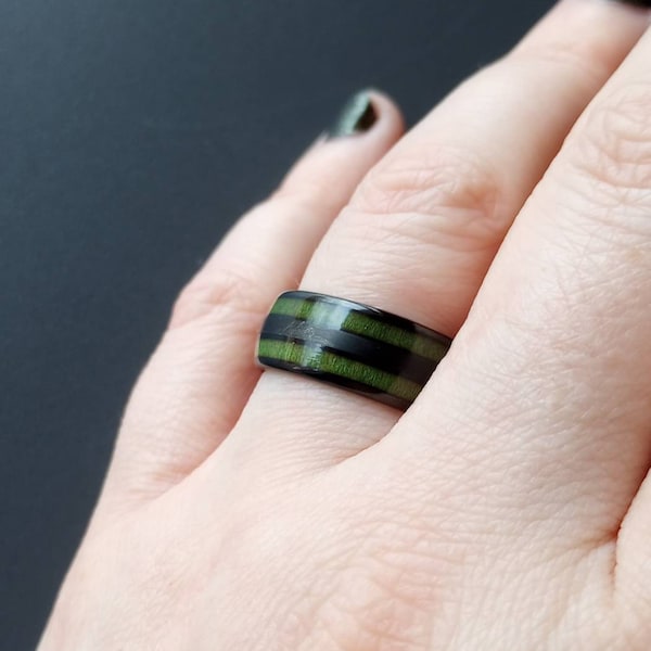 Two Inlay Exotic Green Wood Inlay Dome Wedding Ring, 8mm Black Tungsten ...