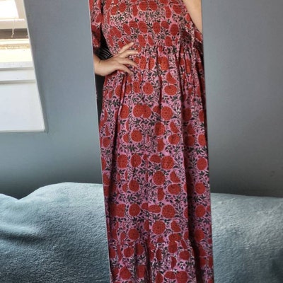 Block Printed Cotton Long Maxi Dress / Square Neckline With Smocked ...
