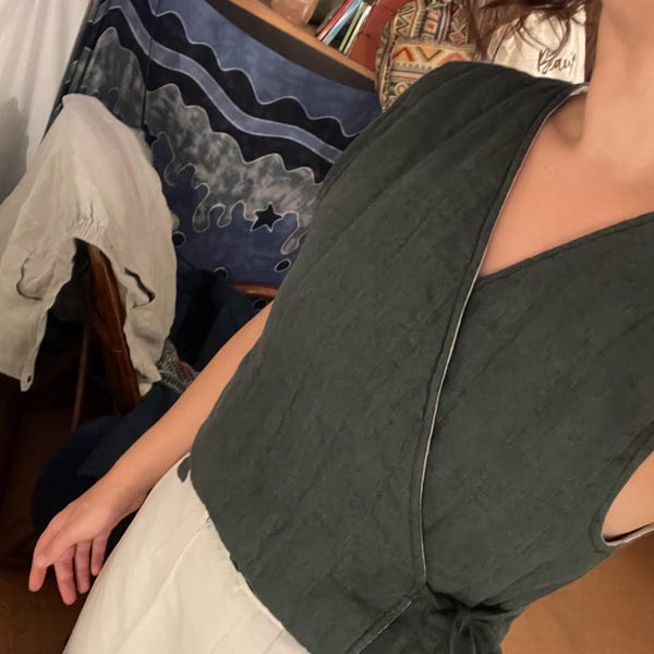 Quilted Linen Vest, Padded Linen Vest for Women, Reversible Wrap Linen ...