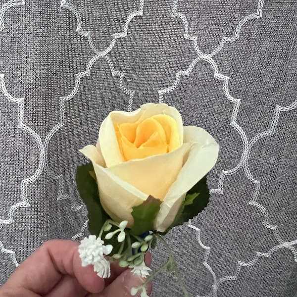 Butter Yellow Rose + Babies Breath Single Boutonniere | Groom ...