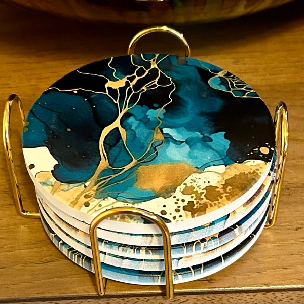 Teal Marble Ceramic Coasters With Gold Holder - Set of 6 - Etsy