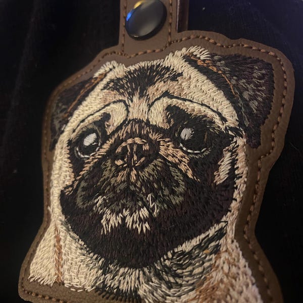 Realistic Pug Keychain: Embroidered Faux Leather Key Fob or Bag Charm ...