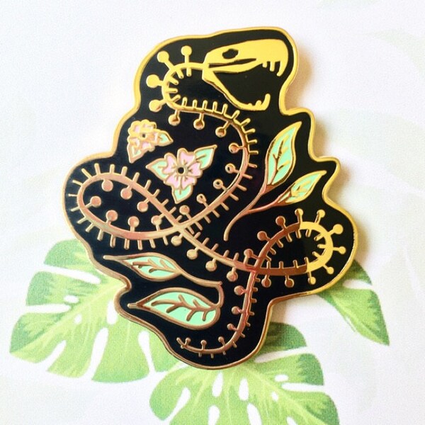 Snake Skeleton Hard Enamel Pin, Black and Gold Finish Floral Botanical ...