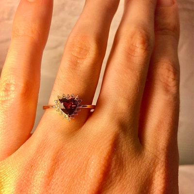 Red Heart Gem Ring, Gold Plated 925 Sterling Silver, Ruby Red Signet ...