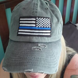 Thin Blue Line Hat, Distressed Baseball Cap OR Ponytail Hat With Thin ...