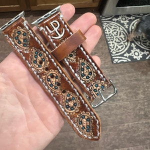 Custom Design Western Floral Tooled & Painted Leather Watch Band ...