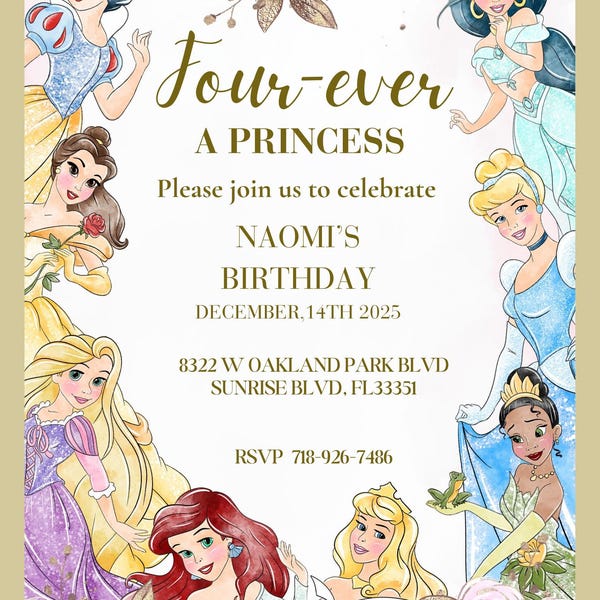 Four Ever A Princess Birthday Invitation Fourever A Princess Invitation ...