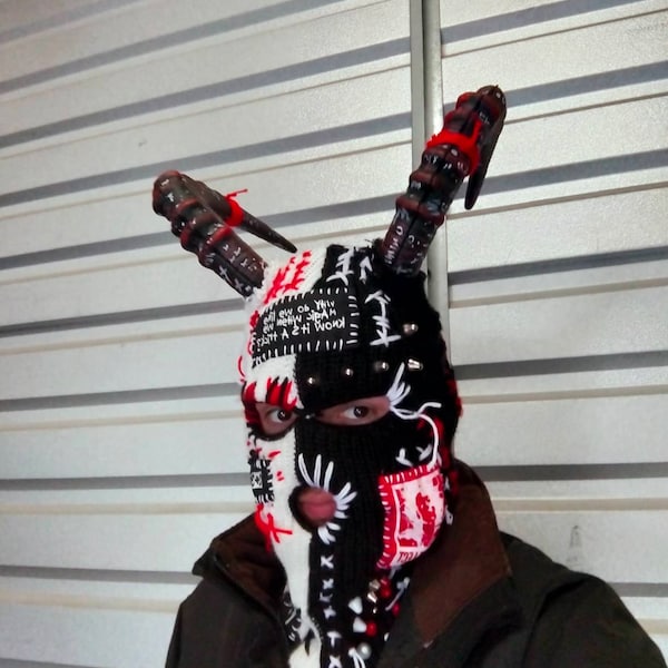 CUSTOM PATCHED - Balaclava Ski Mask, 3 Hole Punk Ski Mask, Red Spiked ...