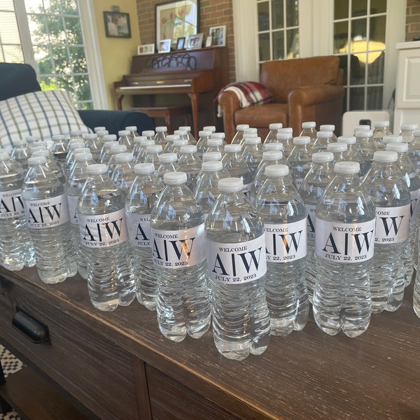 Custom Monogram Wedding Water Bottle Labels, Elegant Script, Minimalist ...