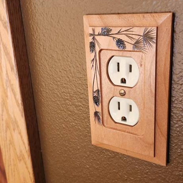 Wooden Triple Light Switch Cover With Wood Burned & Water Colored Birch ...