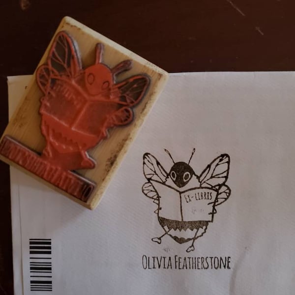Custom Ex Libris Bee Reading Book Stamp, Personalized Library Rubber ...
