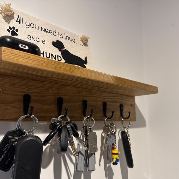 Dark Oak Waxed Wall Mounted Key Holder With Shelf “black Hooks” Key ...