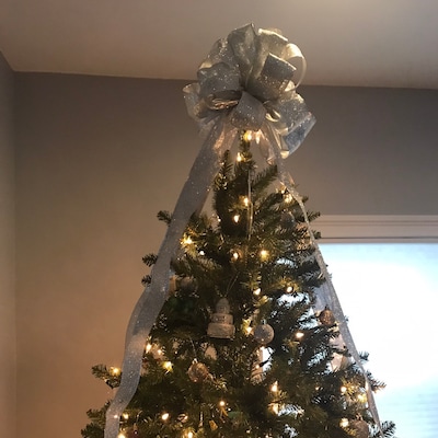 Large Silver Glitter Christmas Tree Topper Bow 6 Ft Tails - Etsy