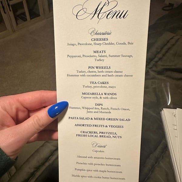 PRINTED Wedding Dinner Menu, 4x8" or 5x7" Card, Table Menu, Party ...