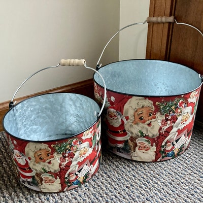 Christmas Santa Claus Bucket Vintage Style Set of 2 Reindeer Deer Metal ...