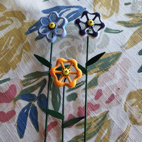 Upcycled Faucet Handle Flowers, Yard Art, Home Decor, Dark Pink & Blue ...