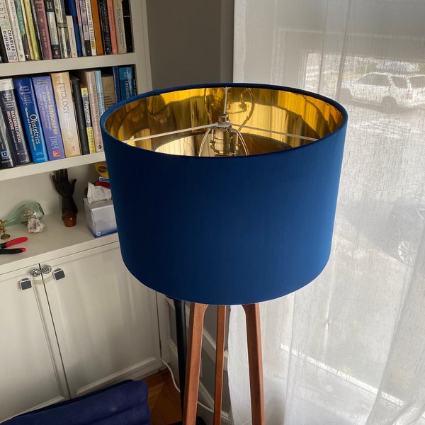 Navy Blue Velvet Lampshade With Gold Lining – Modern Drum Shade for ...