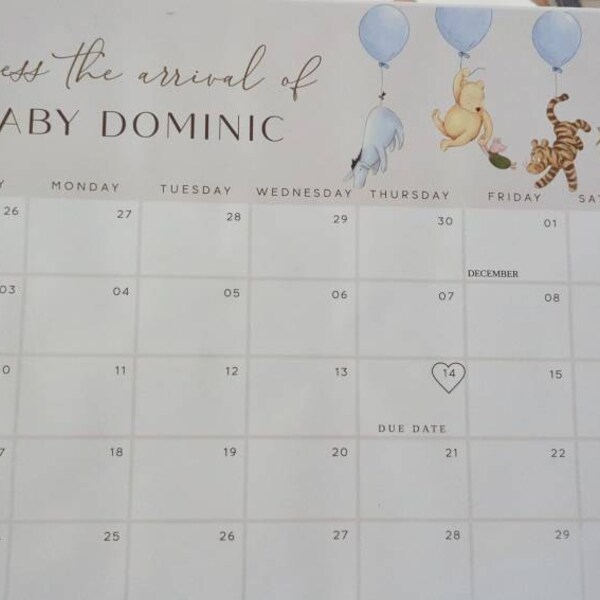 Winne the Pooh Baby Due Date Calendar. Vintage Winnie Predictions Sign ...