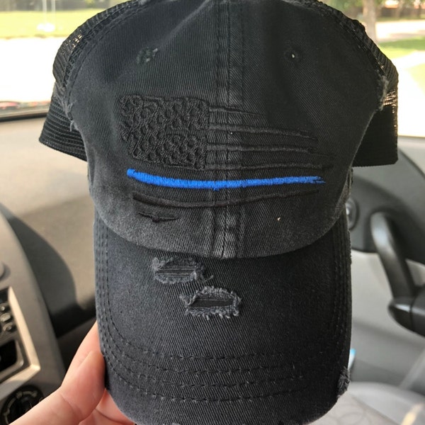 Thin Blue Line Hat, Distressed Baseball Cap With Thin Blue Line Flag ...