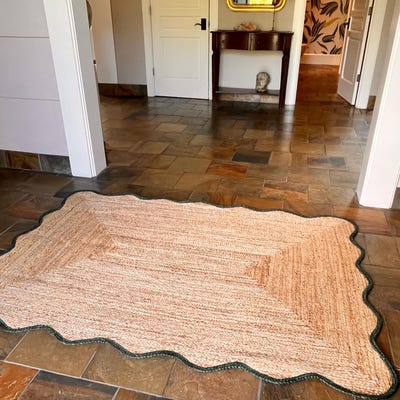 Jute Rug Blue Wavy Edge Jute Scallop Rug, Bohemian Jute Rug, Natural ...