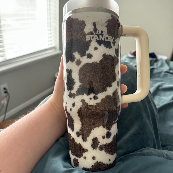 Custom Cow Hide Authentic Stanley Tumbler Epoxy Glitter Black Cow